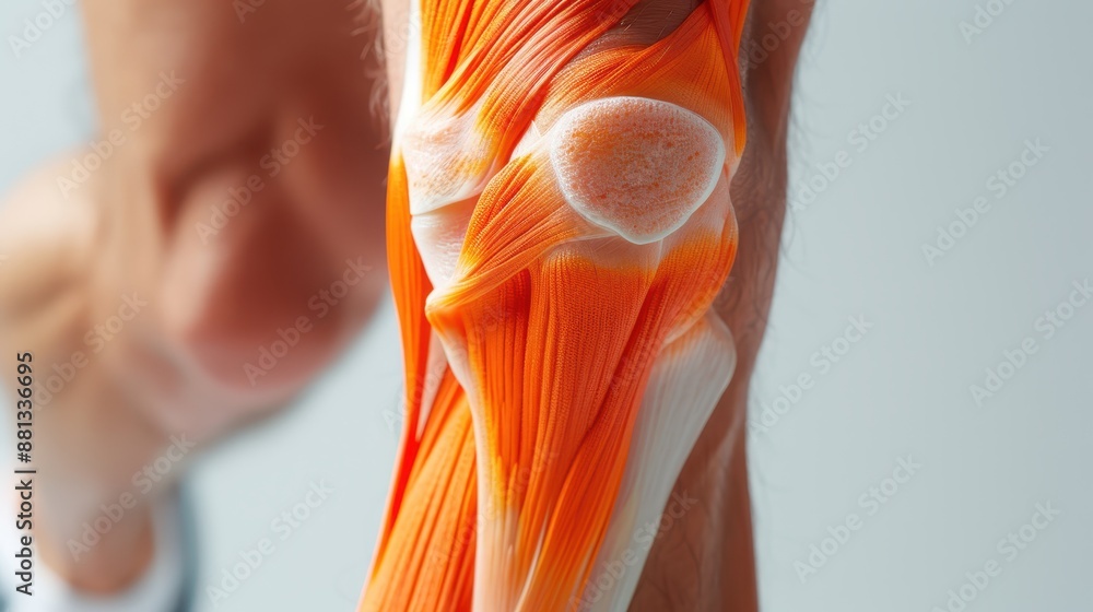 This image provides a detailed anatomical closeup of human knee muscles ...