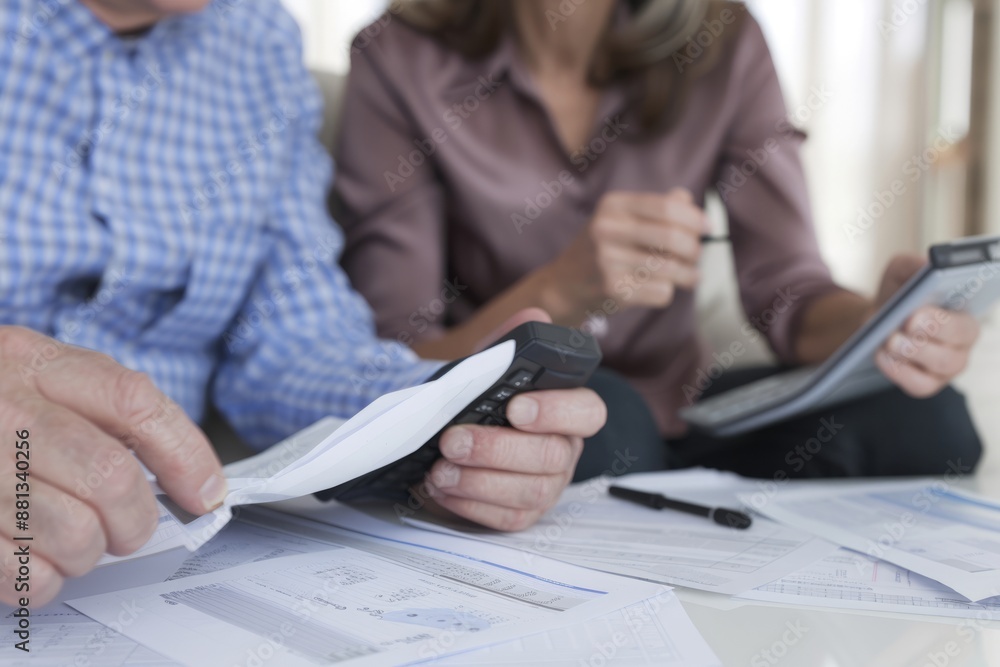 Woman Senior Bill Finance retirement couple home file calculator Paper ...