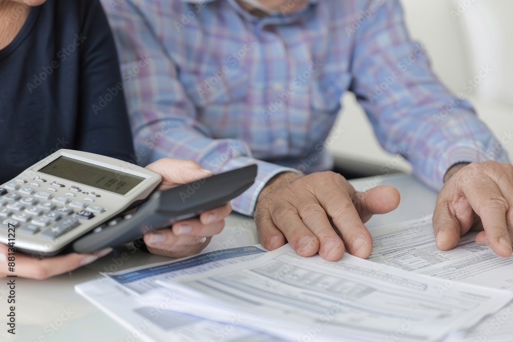 Woman Senior Bill Finance retirement couple home file calculator Paper ...