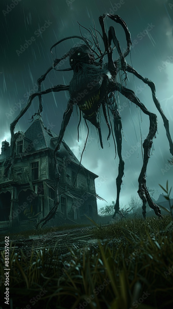 A giant spider monster towers over a haunted house in a dark, stormy ...