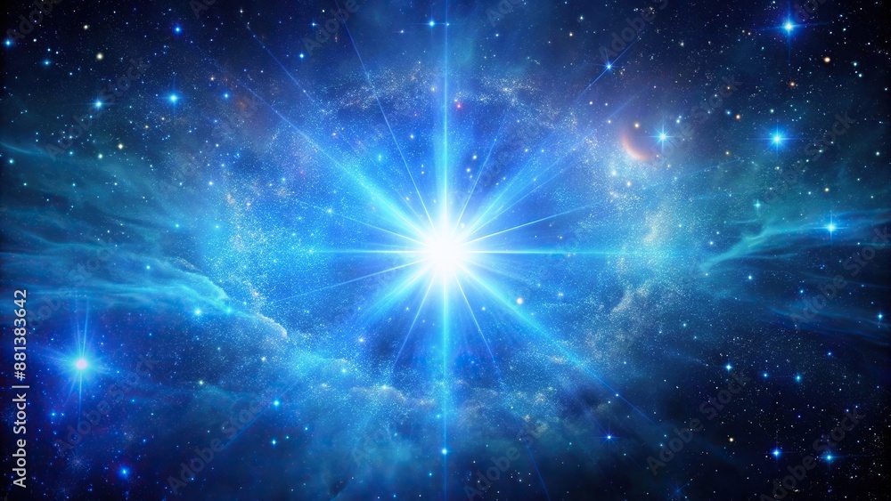 Bright blue star shining in deep space stellar explosion behind star ...