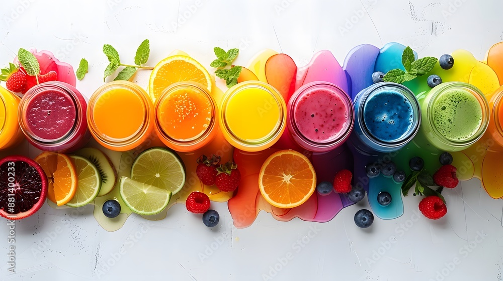 Colorful smoothies and fresh fruits arranged in a row on a white ...