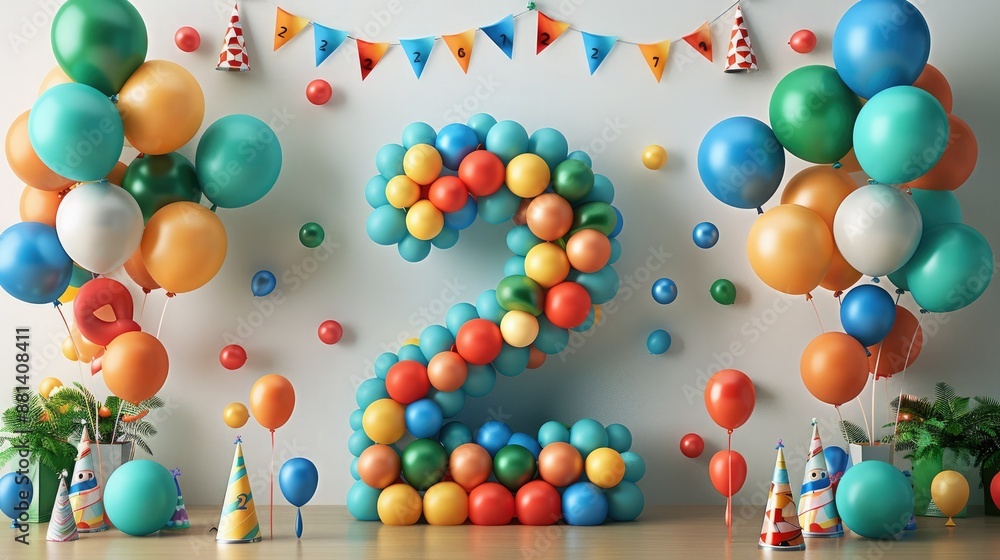 Colorful second birthday party decorations with balloons, hats, and ...