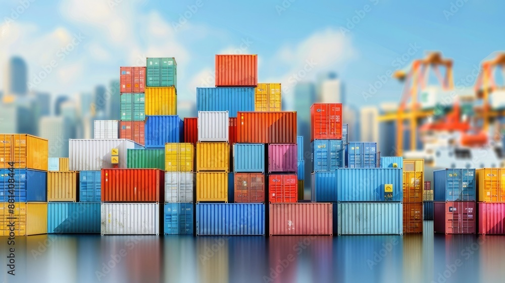Colorful shipping containers stacked at a port with cranes and a ...