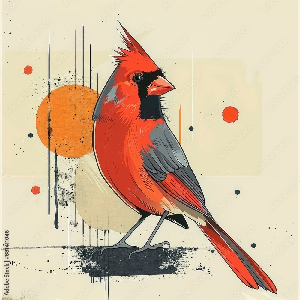 Cute cardinal, lines, flat illustration, doodle, dots and circles ...