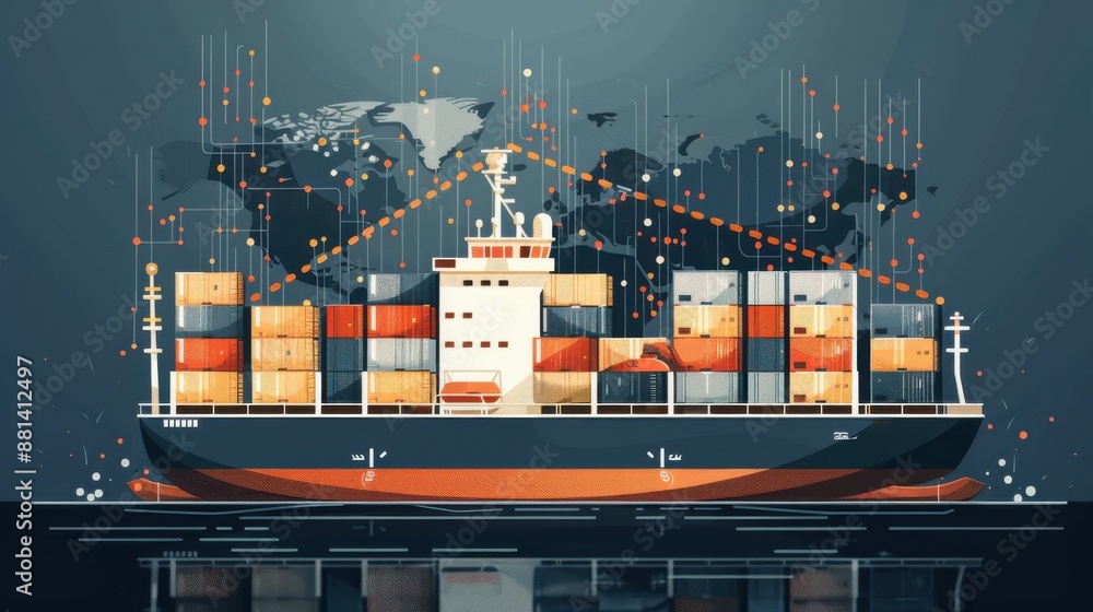 Cargo ship with colorful containers overlaid with a world map and data ...