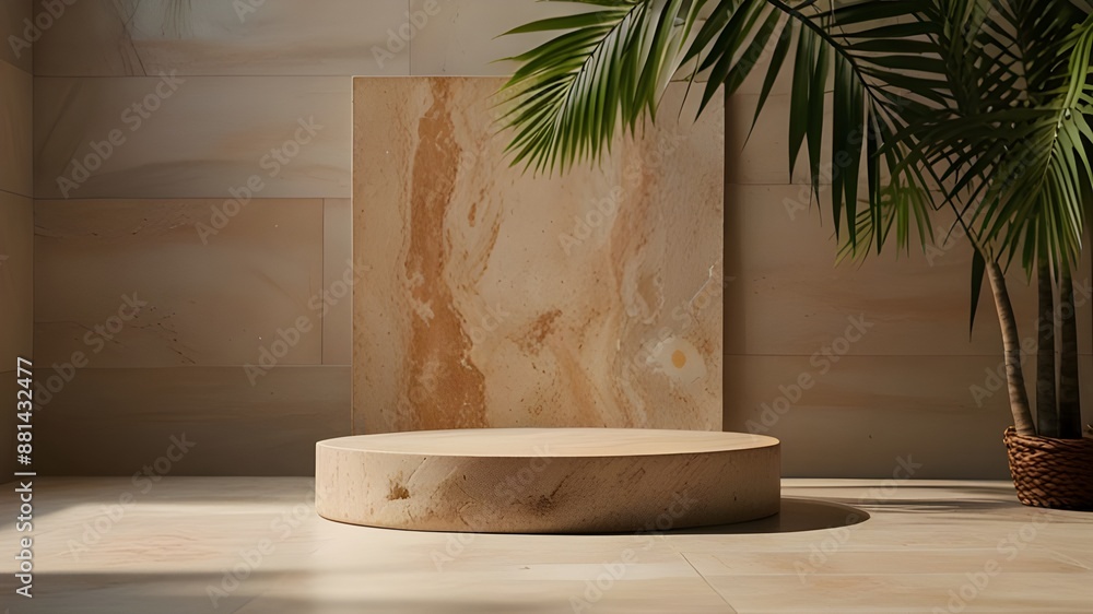 Travertine stone display flat lay podium on travertine stone background ...