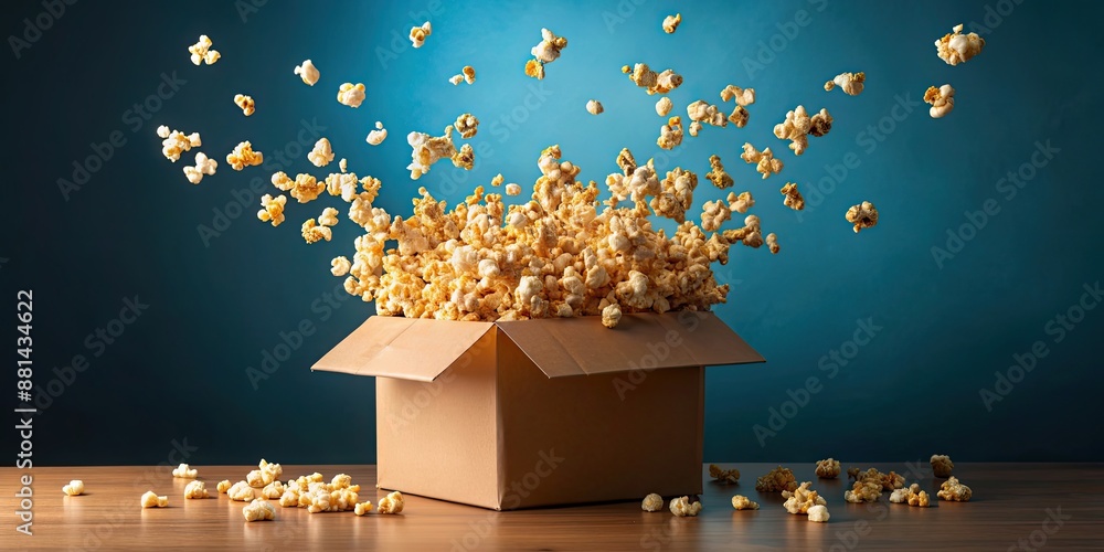 Popcorn kernels flying out of a traditional cardboard box, popcorn ...