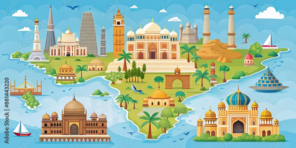Illustrated map showcasing iconic landmarks of India , India, map ...