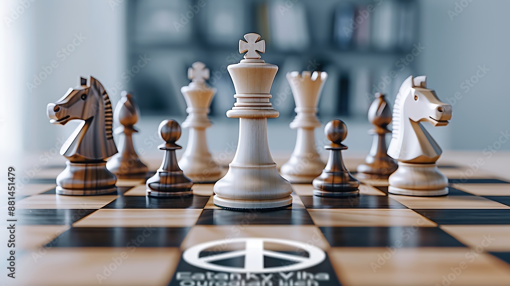 High-resolution shot of chess pieces on a board with peace symbols ...