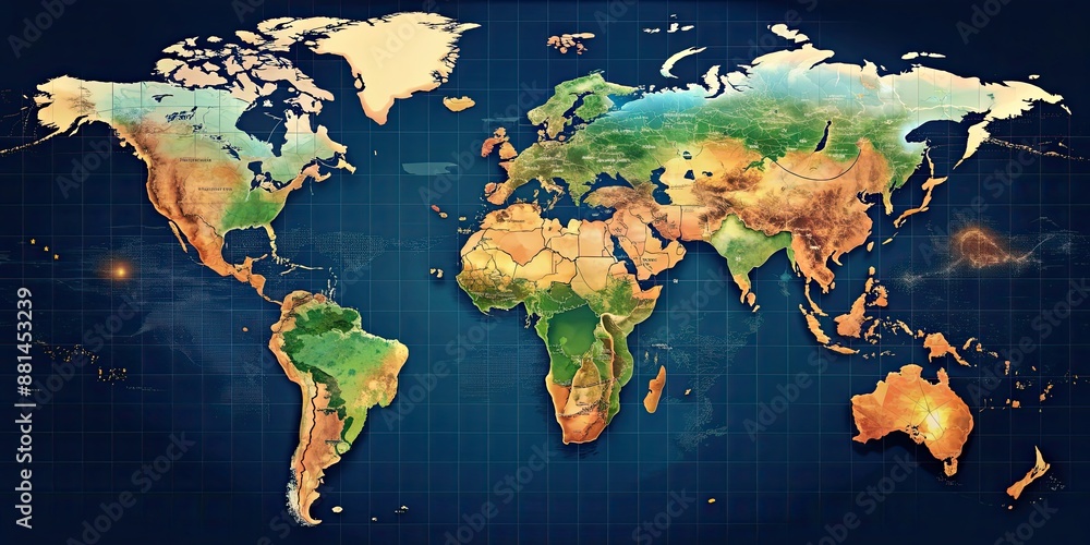 Physical world map with capitals and descriptions on a dark background ...