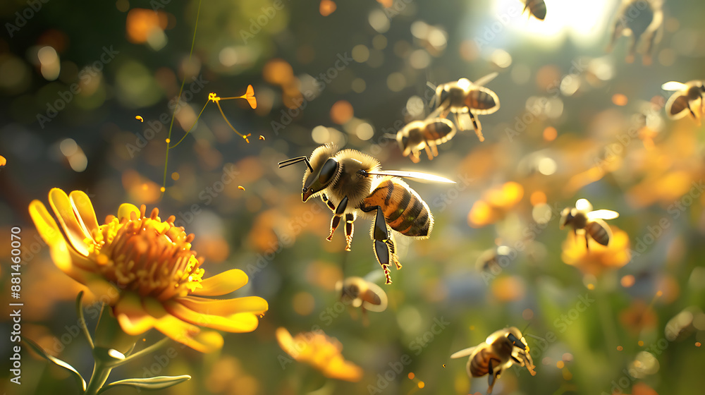 Flying honey bees in groups collecting pollen at yellow flower. Bee ...