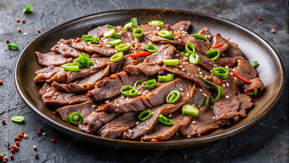 Plate of Korean bulgogi, thinly sliced marinated beef grilled to ...