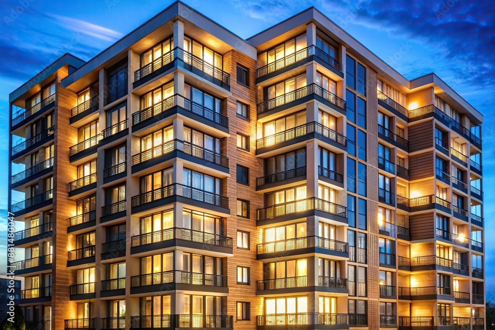 The light is on in one open window of a large multi story residential ...