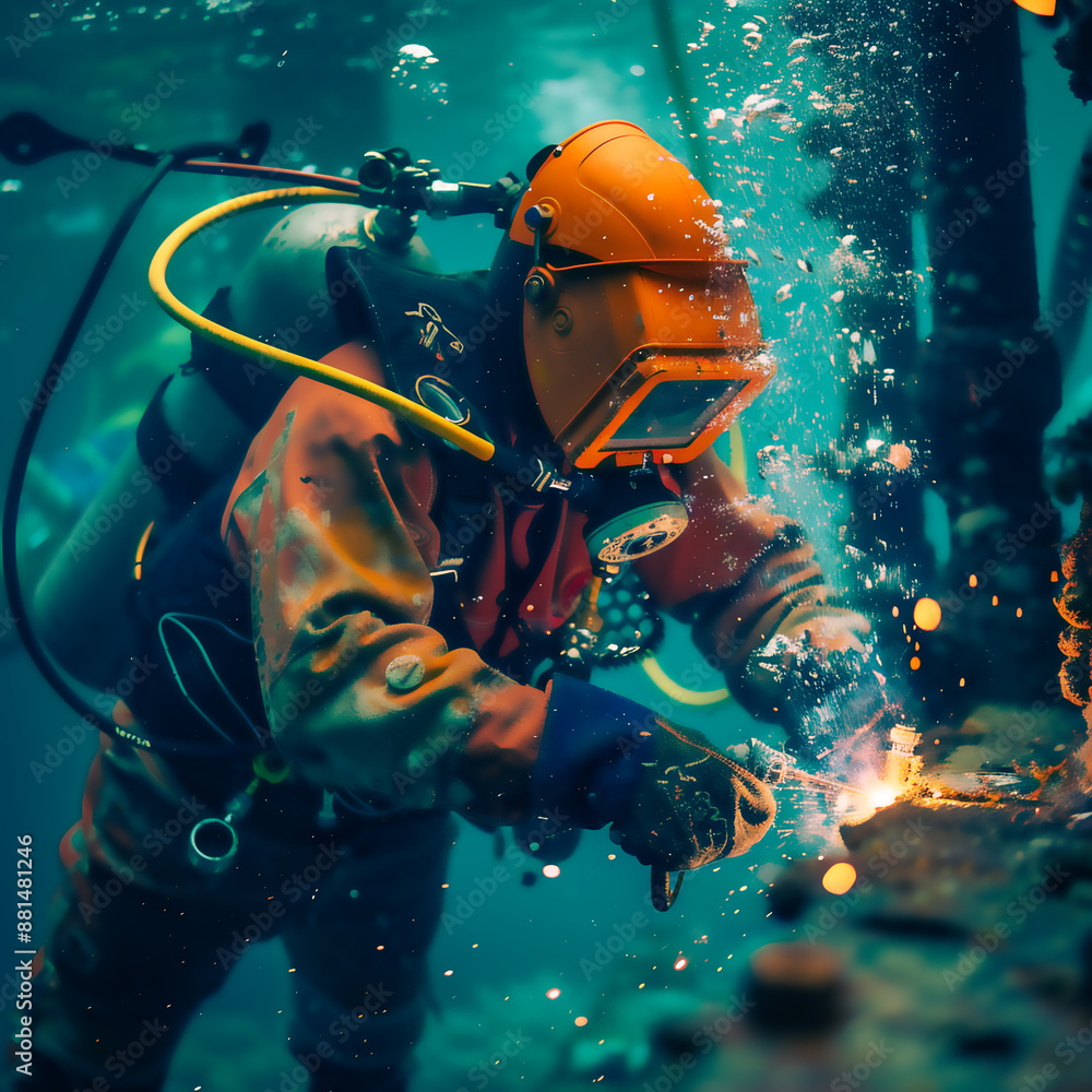 Welder performs welding work on metal structures underwater. Surveying ...
