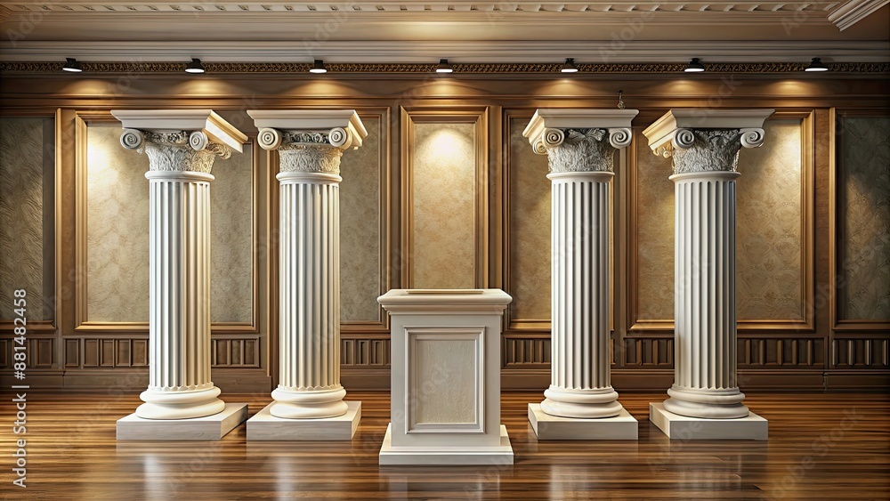 rendering of three podiums with roman columns in a classic interior ...