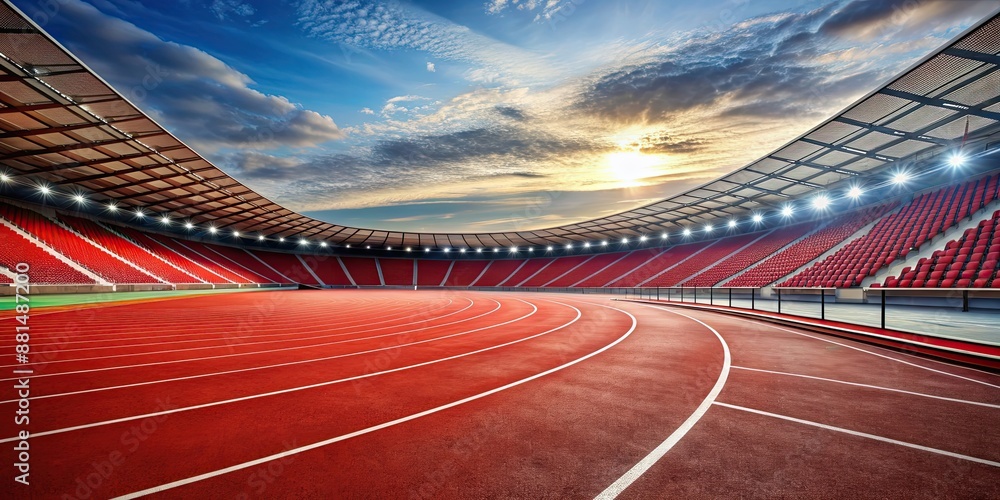 Red running track in a vibrant stadium setting, sport, athletics ...
