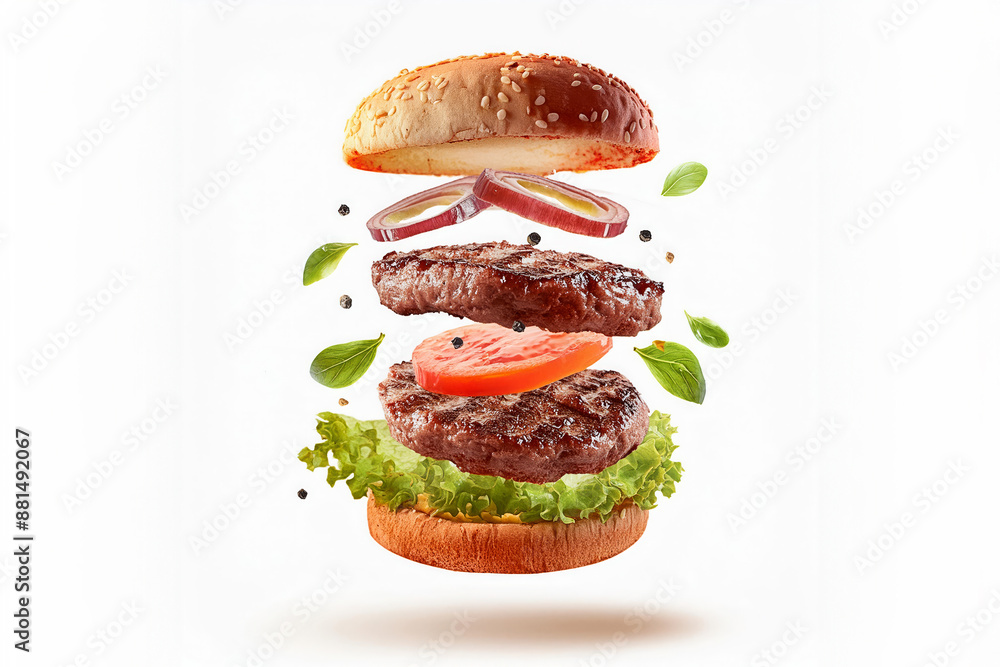 Grill burger, realistic 3d burgers falling in the air, grilled meat ...