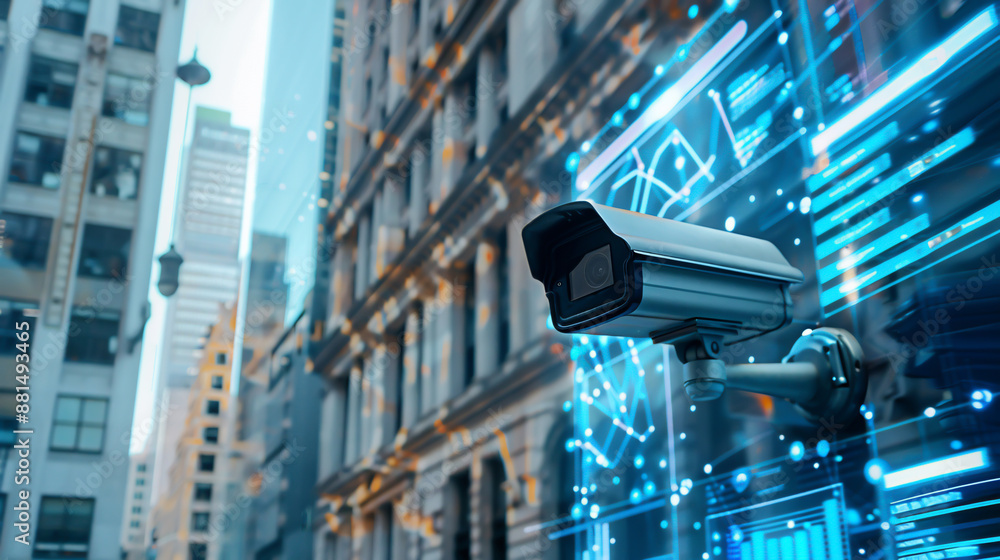 Modern CCTV camera on a wall. A blurred background with an abstract ...