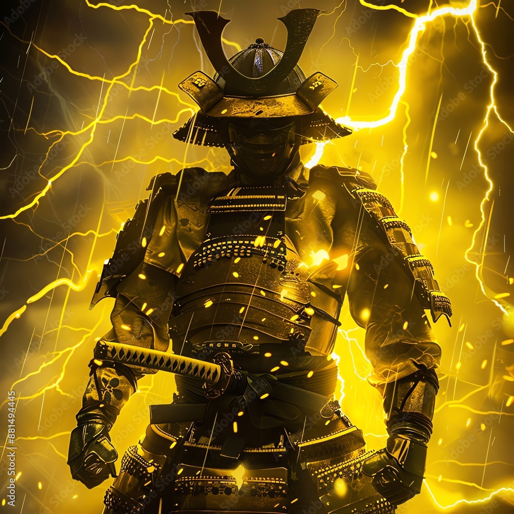 Electrifying samurai warrior in golden armor, standing amidst a storm ...