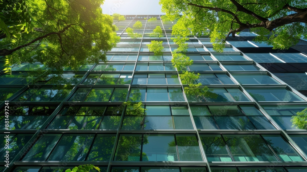 Sustainble green building in modern city. Corporate building reduce CO2 ...