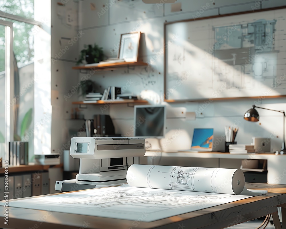 High-resolution scanner in a minimalist office space, scanning ...