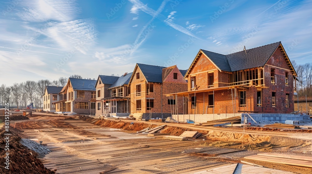 Row houses construction with brick wall and shed roof framing from a ...
