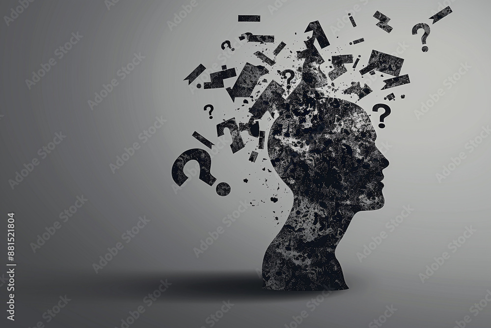 head filled with speech bubbles, exclamation marks and question marks ...