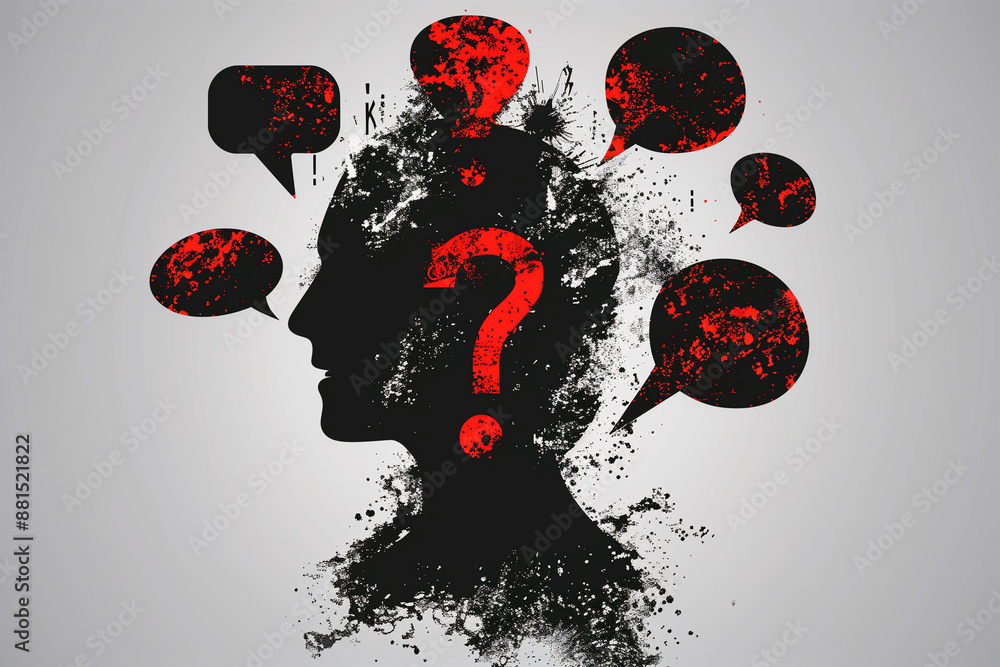 head filled with speech bubbles, exclamation marks and question marks ...