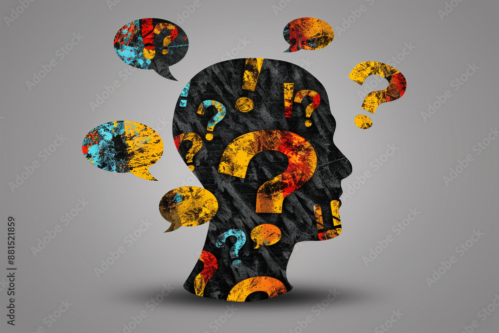 head filled with speech bubbles, exclamation marks and question marks ...