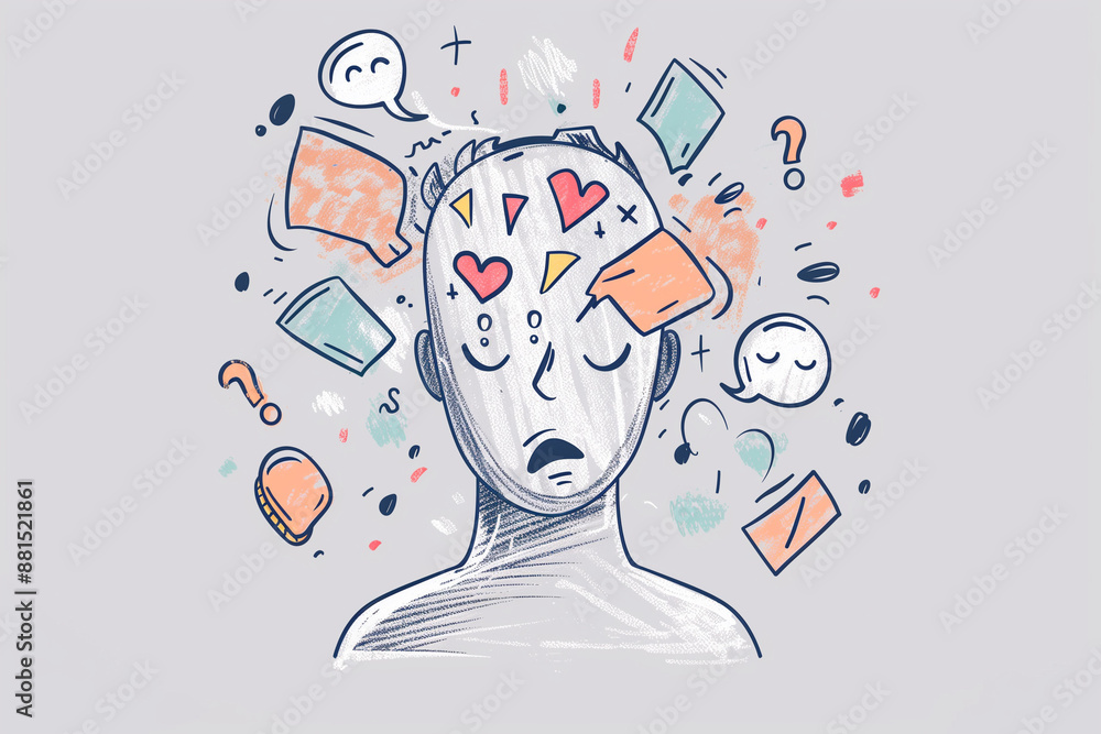 head filled with speech bubbles, exclamation marks and question marks ...