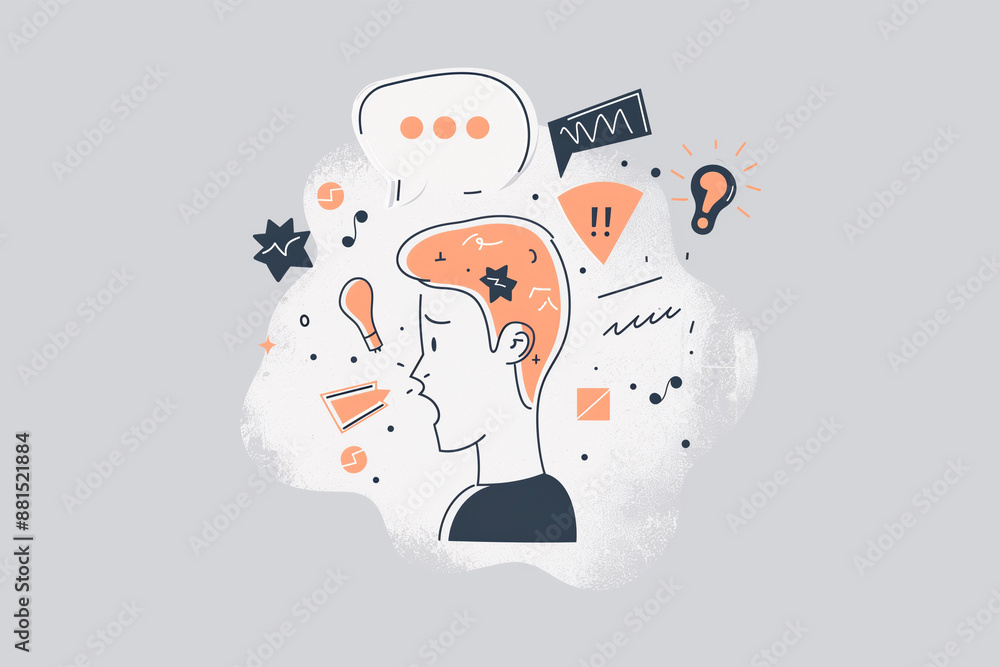 head filled with speech bubbles, exclamation marks and question marks ...