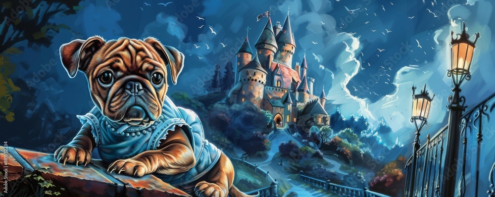 Illustrated scene of a cute bulldog in a blue coat sitting on a railing ...