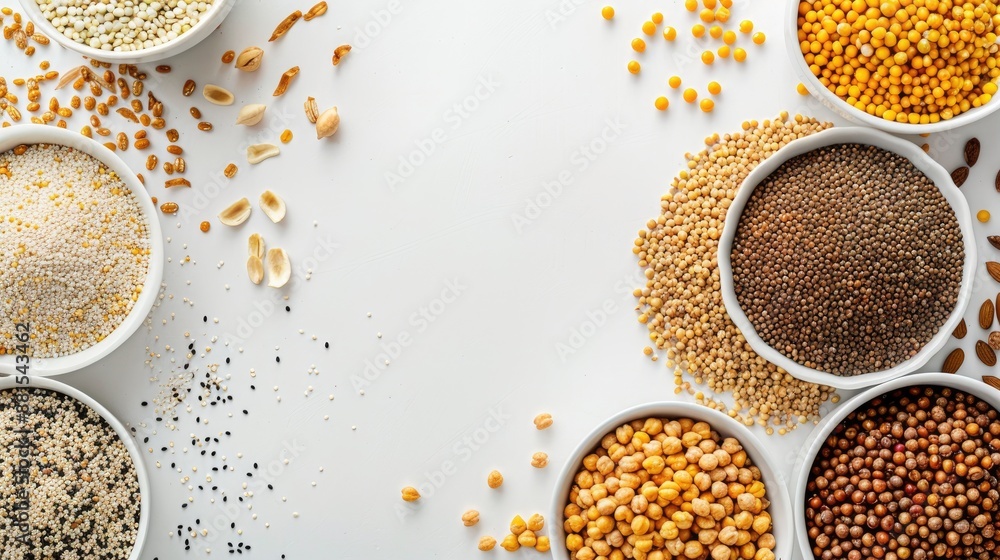 Top view of various cereals set against a white backdrop with room to ...