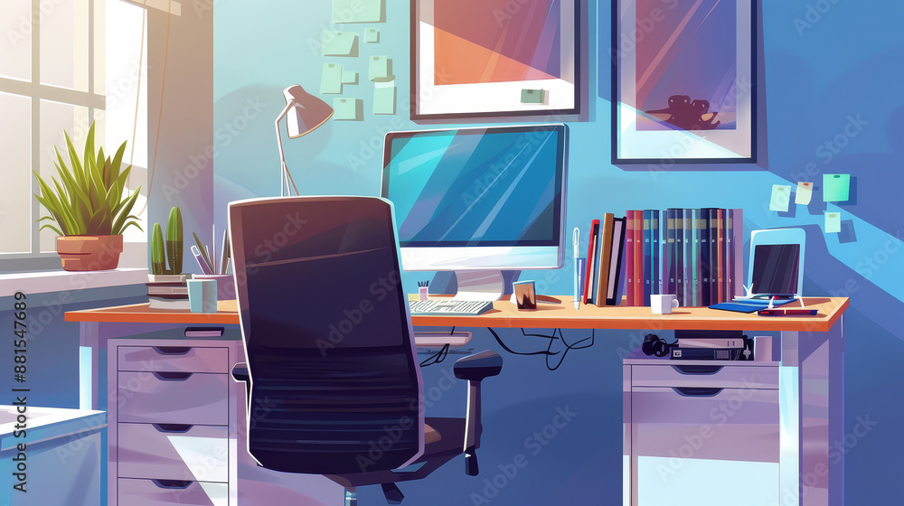 Office Workspace Illustration - A cartoon illustration of a modern ...