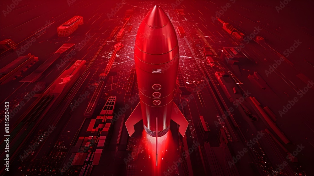 of a striking crimson red rocket soaring upwards an iconic ...