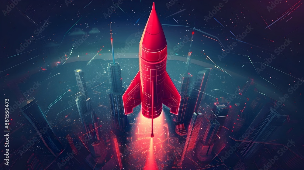 Striking of a crimson red rocket soaring upwards an iconic ...