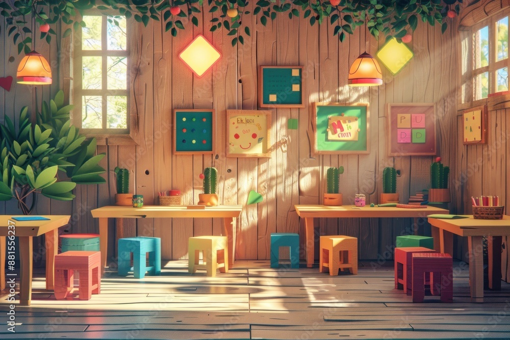 Flat design illustration of a vibrant classroom with wooden-texture ...