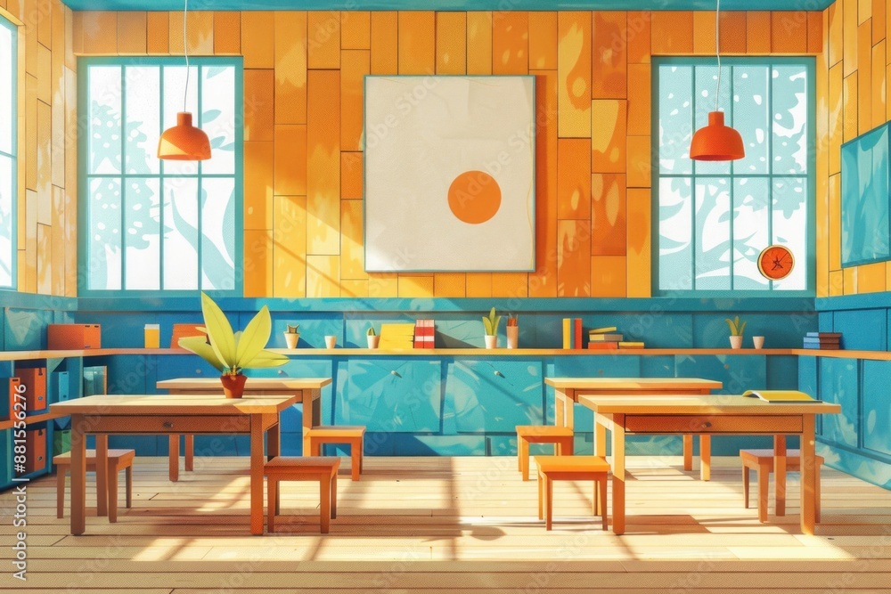 ภาพประกอบสต็อก Flat design illustration of a vibrant classroom with ...