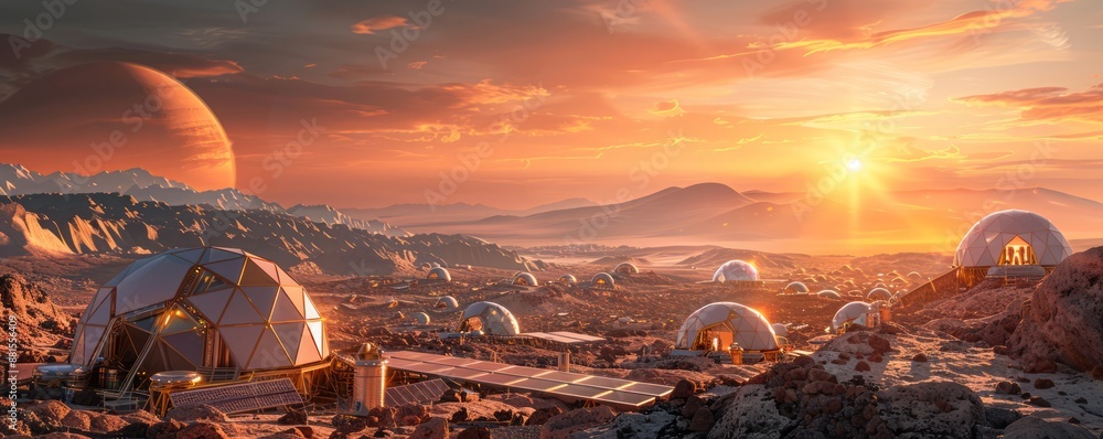 Space colony settlement on a rocky exoplanet, featuring geodesic domes ...