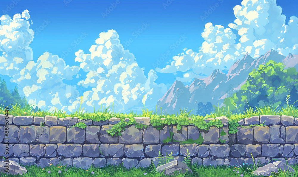 2d platform game background, blue sky, grass and mountains in the ...