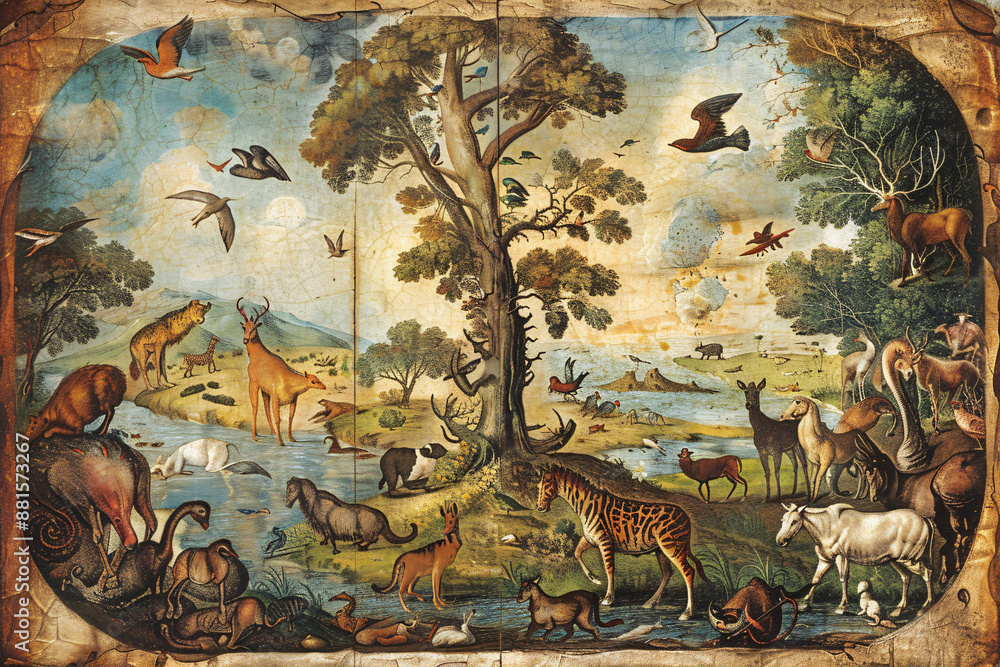 The image depicts the biblical creation of the world and all living ...