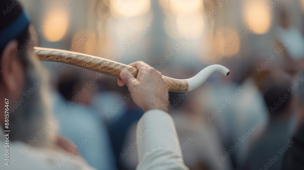Person blowing shofar at end of Yom Kippur service, crowd gathered ...