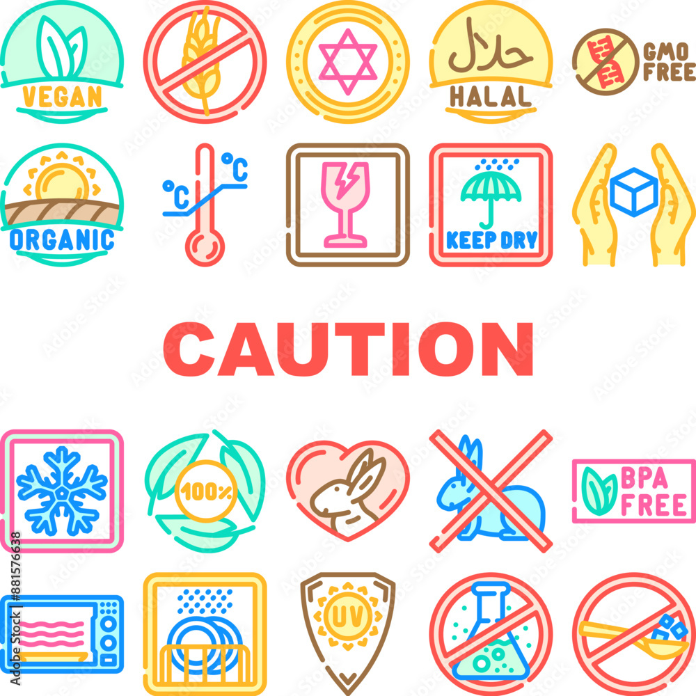 product caution label warning icons set vector. vegan, gluten free ...