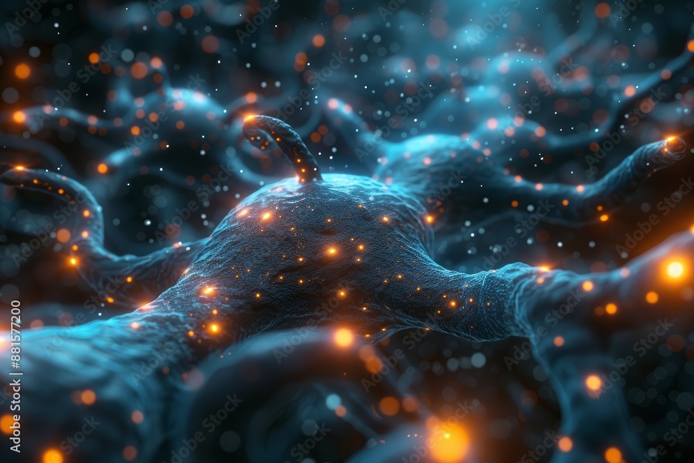 Conceptual illustration of neuron cells with glowing link knots. Blue ...