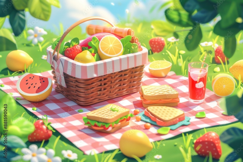 Cheerful flat design illustration of a summer picnic in a delightful 3D ...