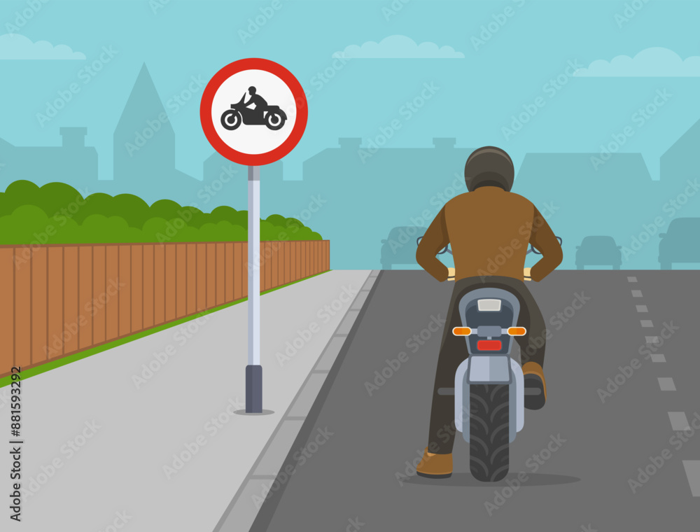 Safe driving tips and traffic regulation rules. Moto rider stops at "no ...
