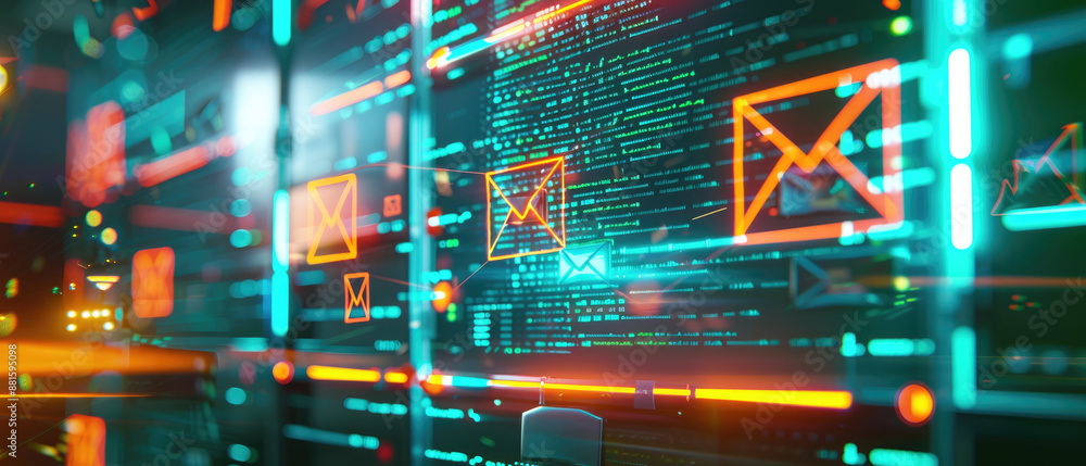 Illustrate a 3D phishing prevention system with alerts blocking ...