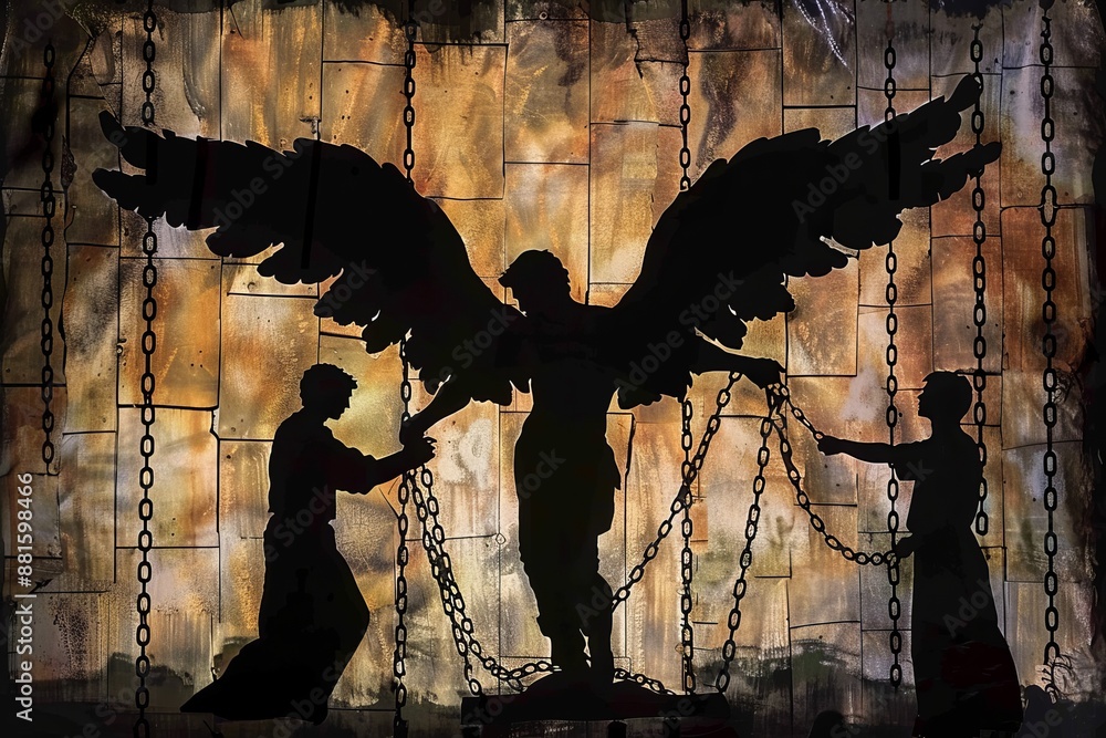 Silhouette of the angel freeing Paul and Silas from their chains in ...