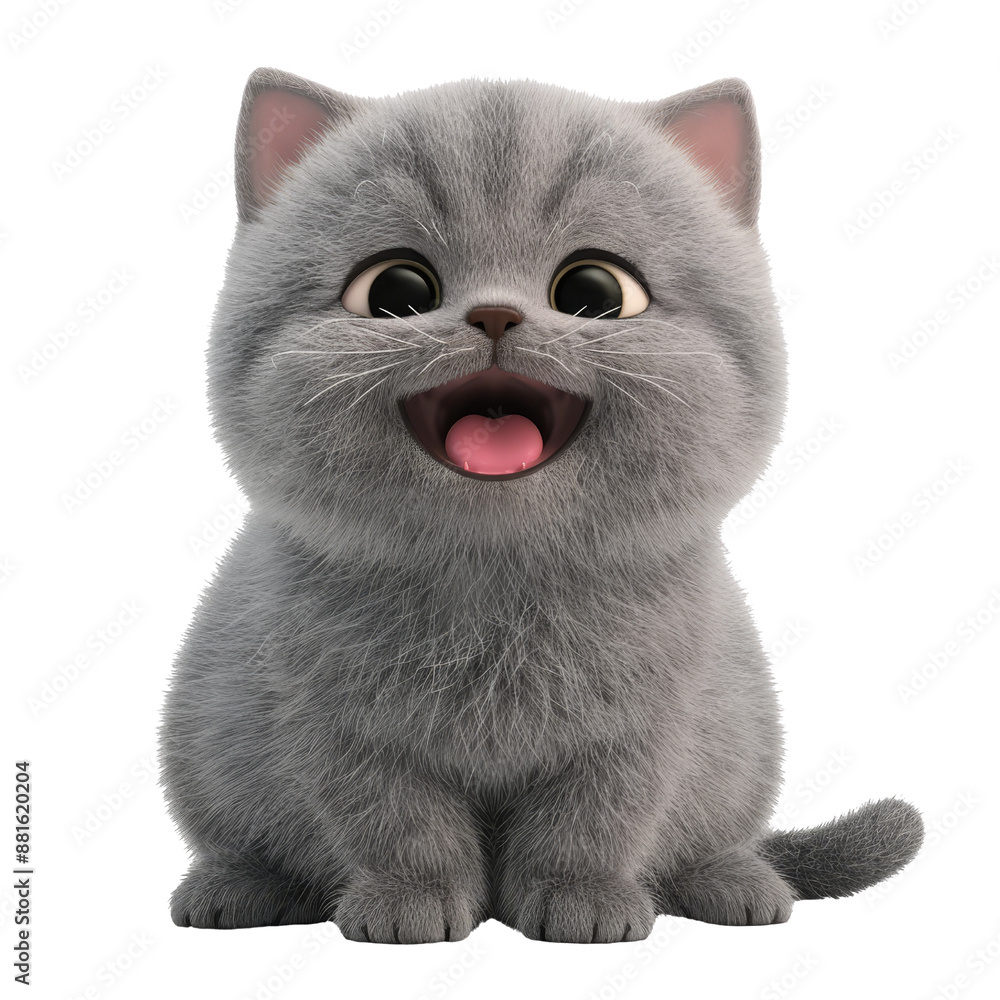 Happy gray British Shorthair cat with wide smile and big eyes sitting ...